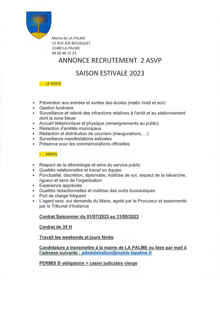 RECRUTEMENT ASVP - Mairie de La Palme