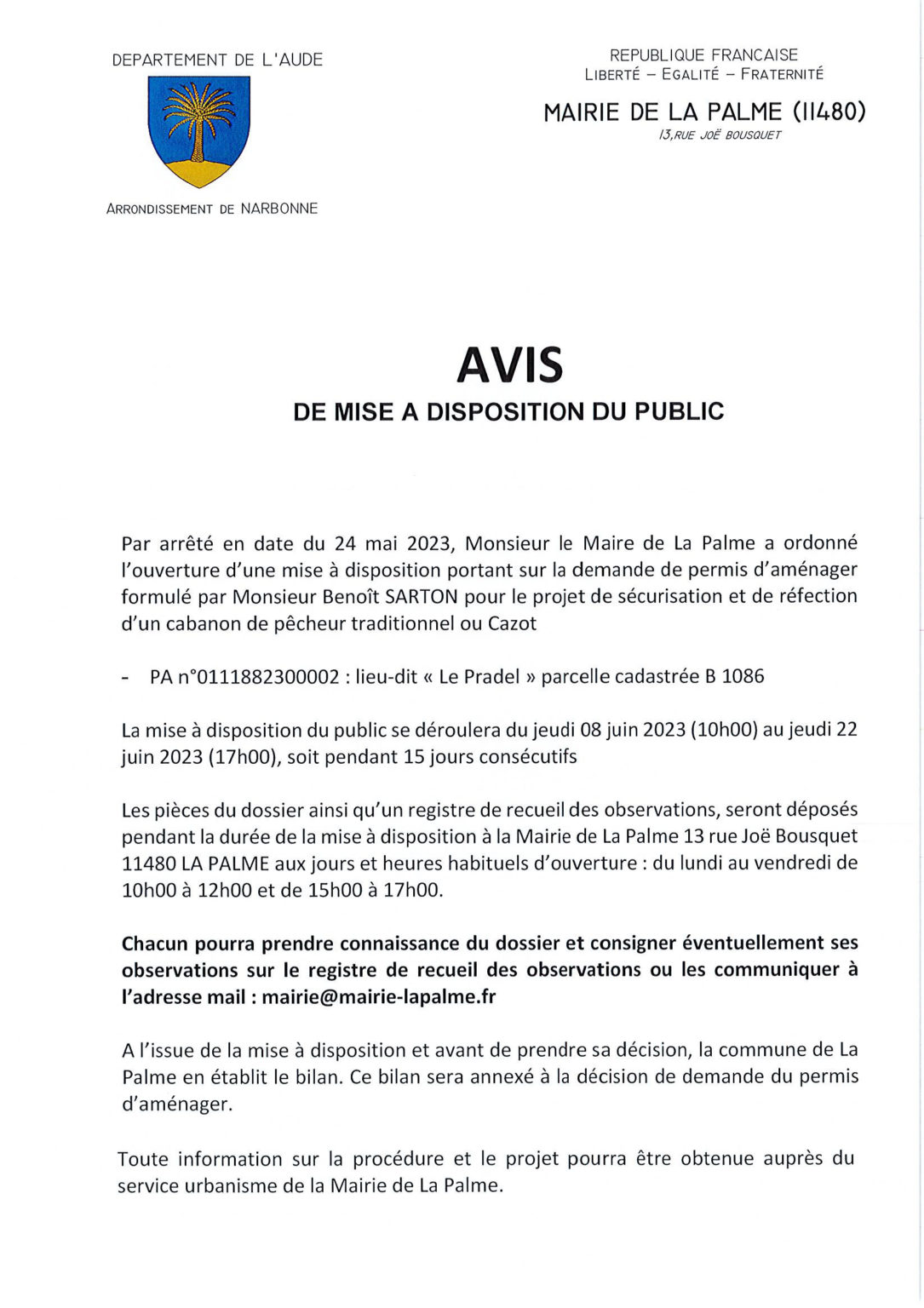 URBANISME - AVIS DE MISE A DISPOSITION DU PUBLIC - Mairie de La Palme