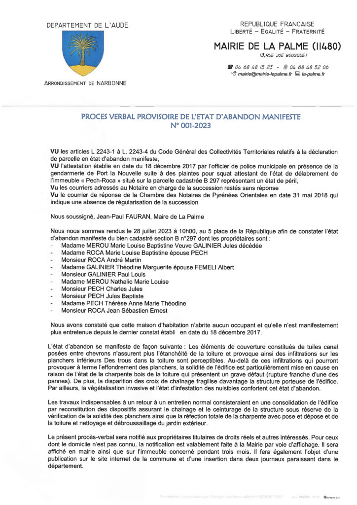 PROCES VERBAL PROVISOIRE ETAT D'ABANDON PARCELLE B 297 SITUE 05 PLACE ...