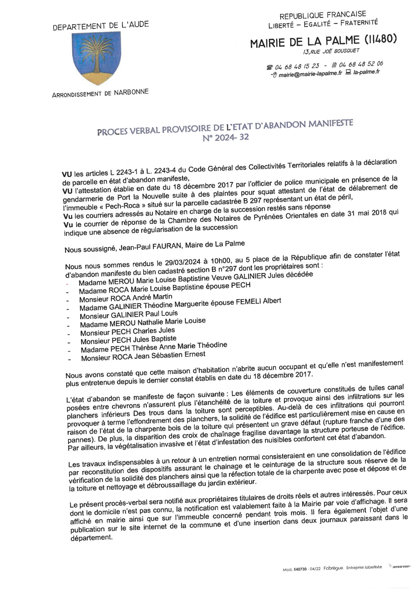 PROCES VERBAL PROVISOIRE D'ABANDON MANIFESTE - Mairie de La Palme